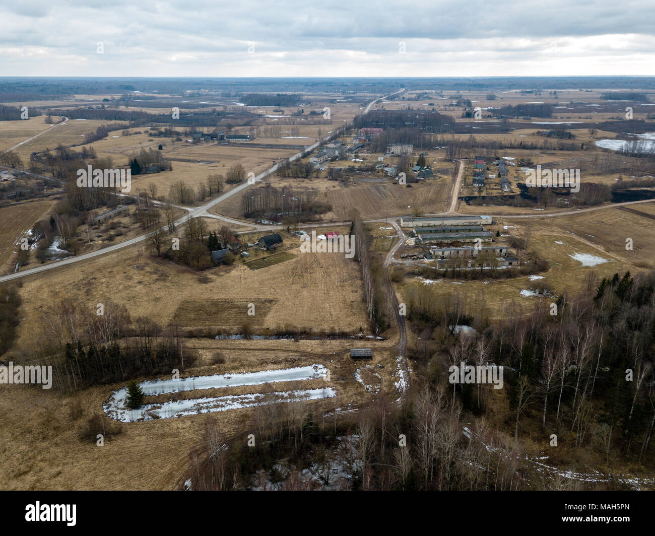 drone image. aerial view of rural area with houses and road network ...