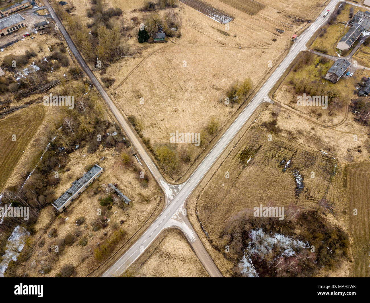 drone image. aerial view of rural area with houses and road network ...