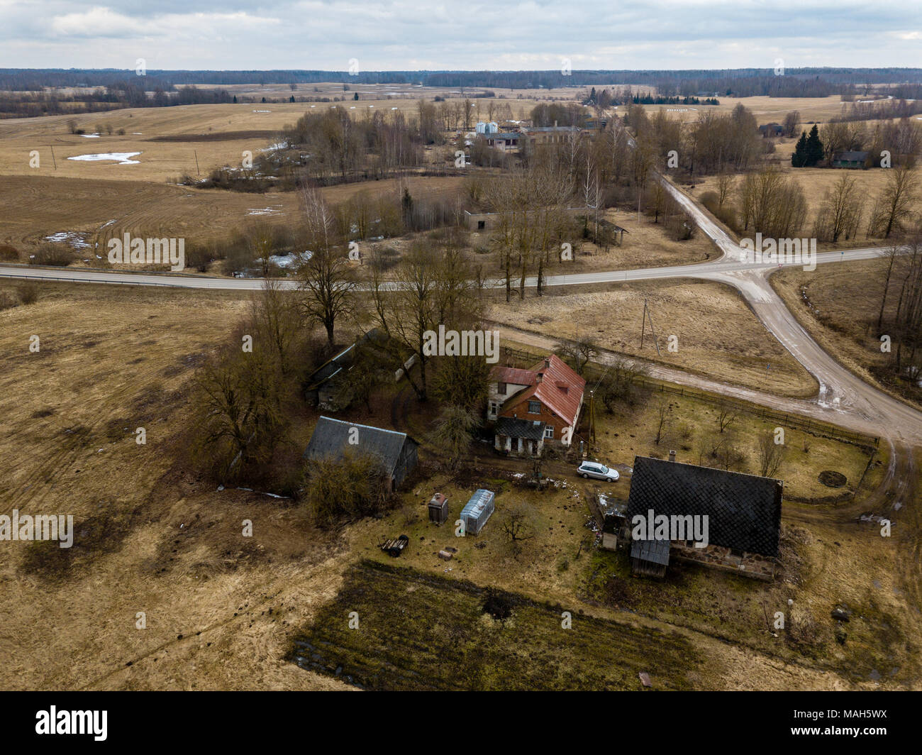drone image. aerial view of rural area with houses and road network ...