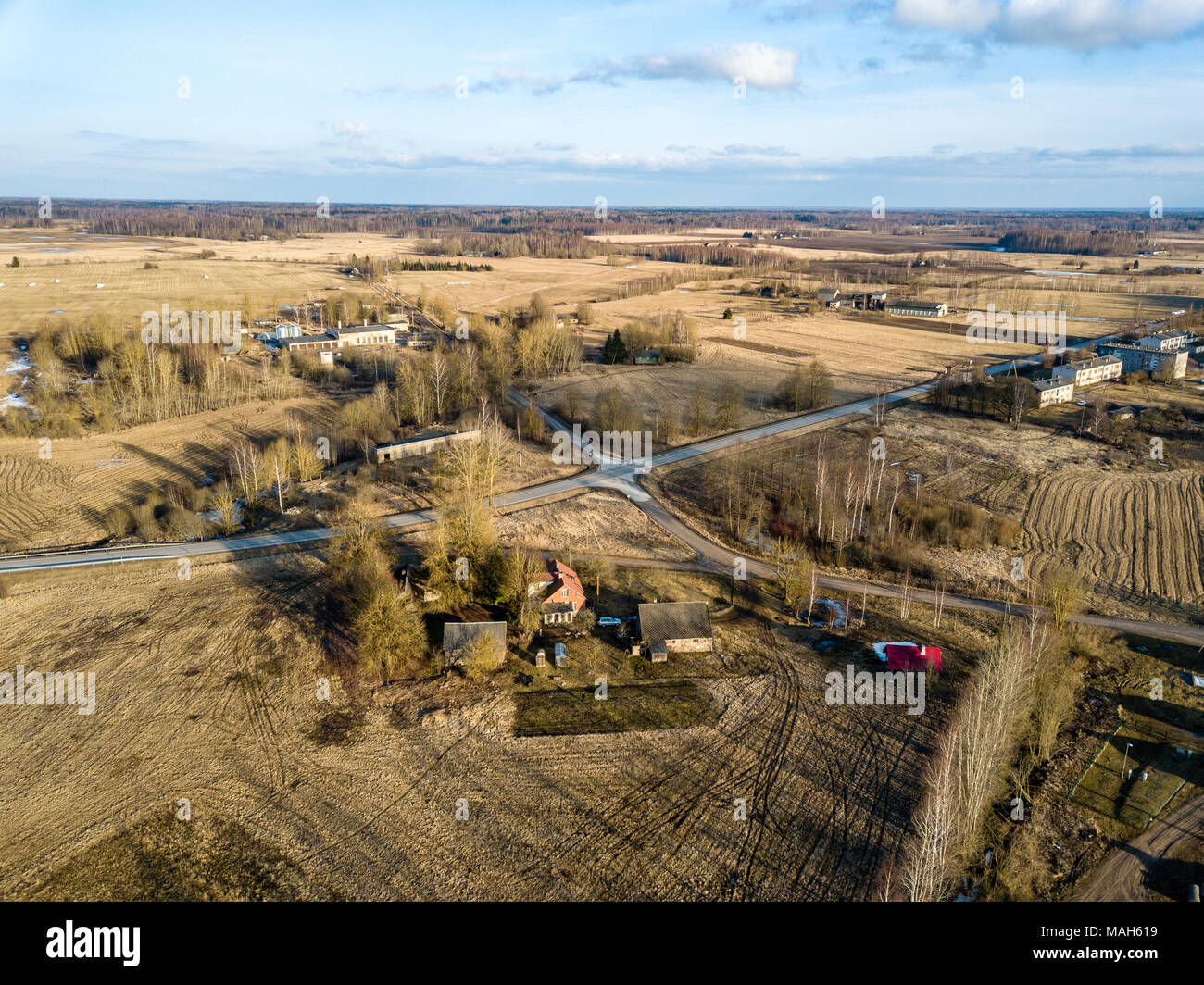 drone image. aerial view of rural area with houses and road network ...
