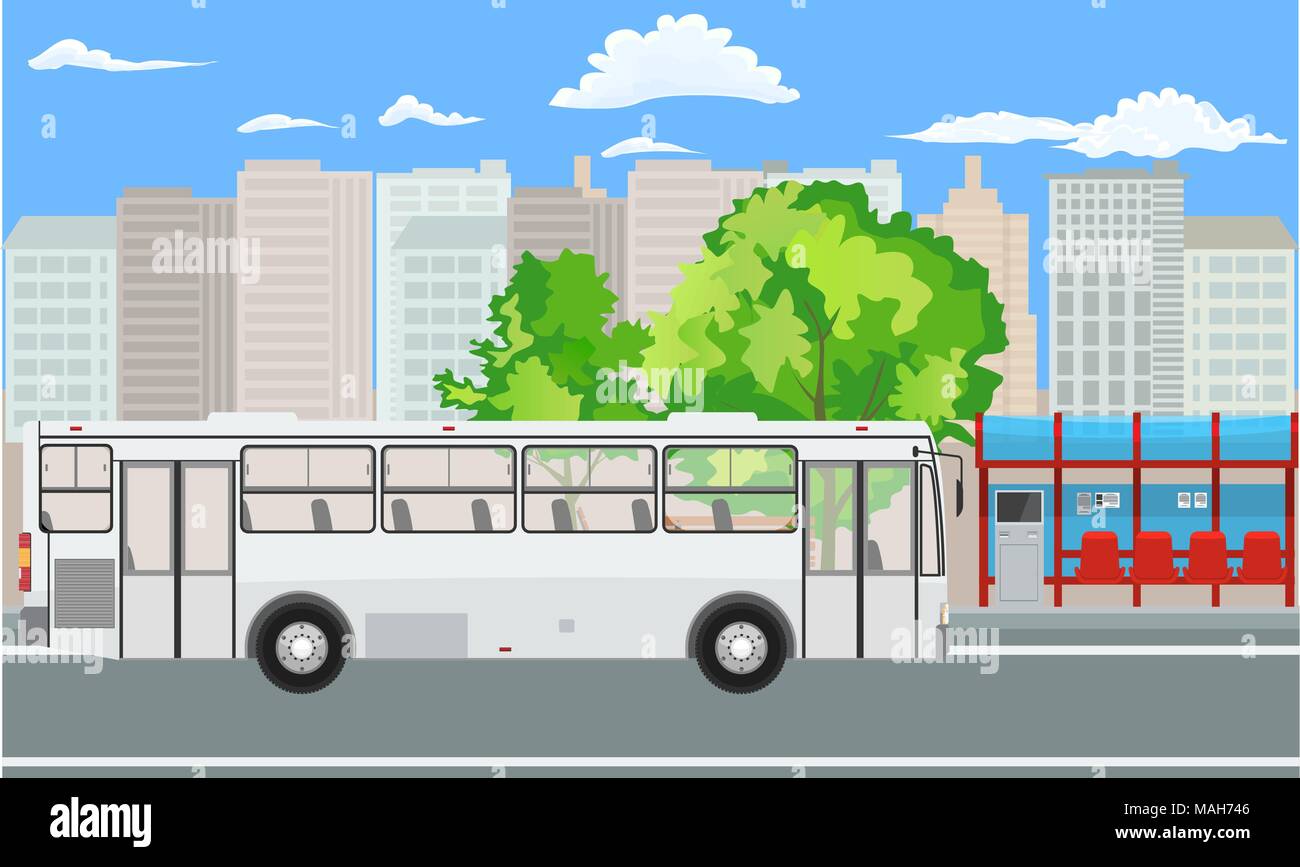 Empty Bus Stop and Bus with City Skyline Flat Design Style Stock Vector ...