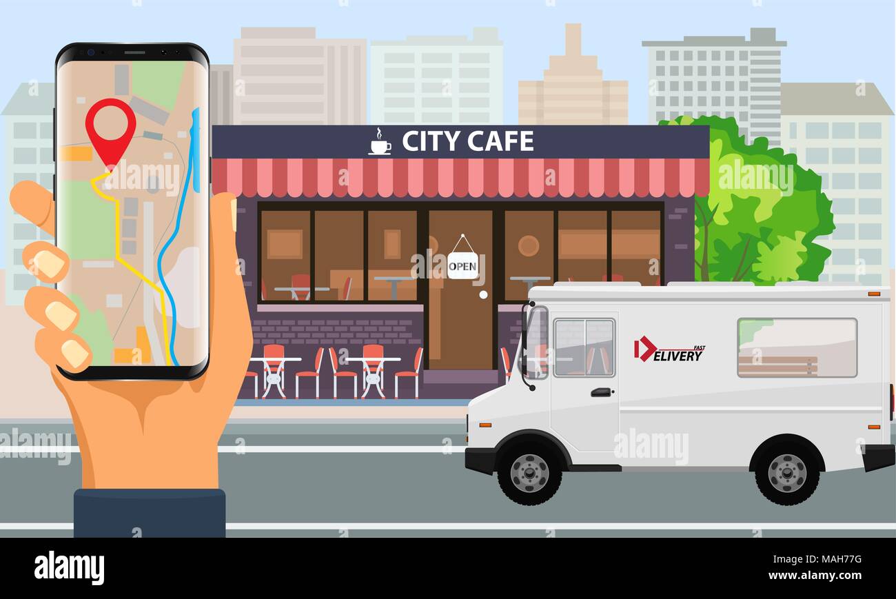 Online order and Fast food delivery with food truck and city landscape ...