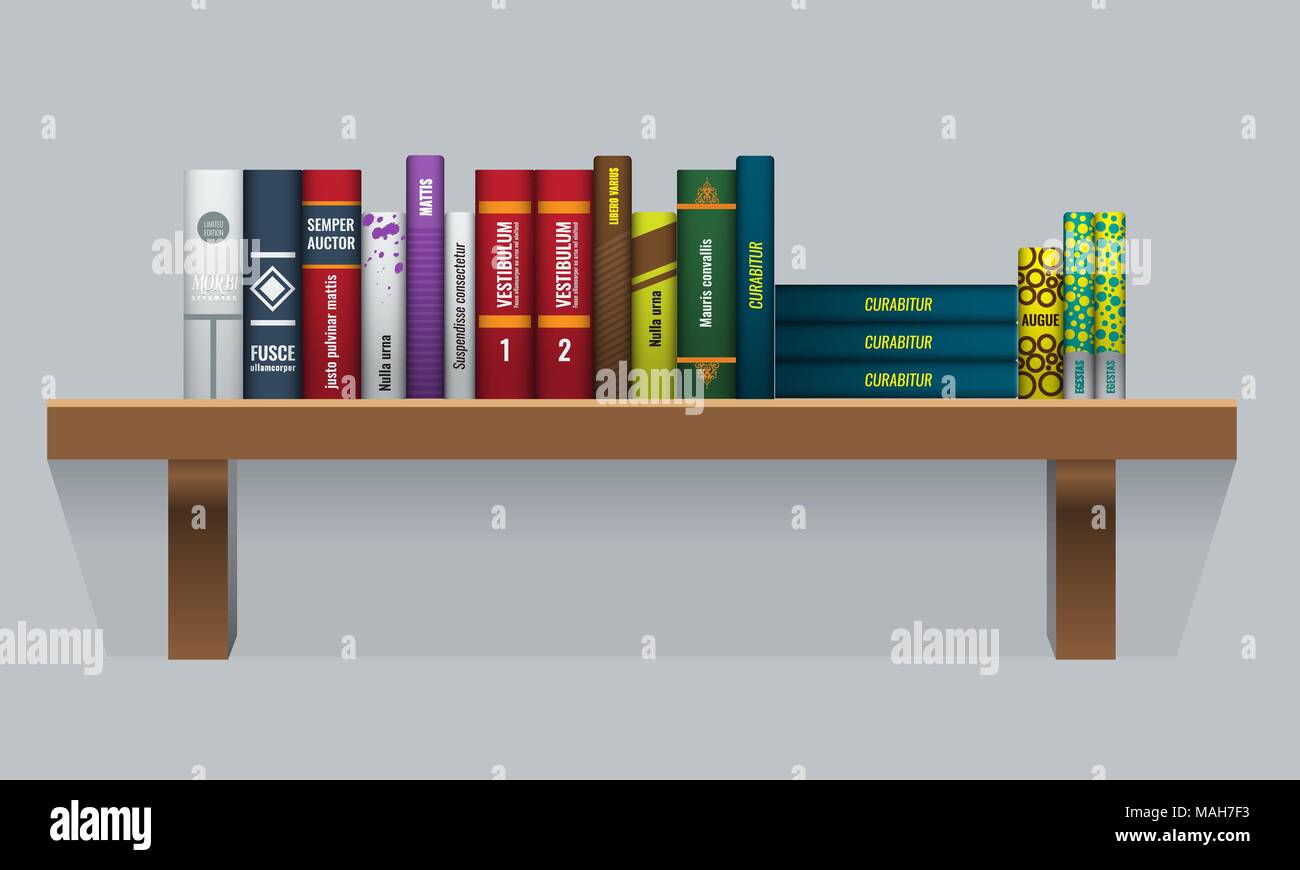 Vector Book shelf with realistic books stalks. Back side view Stock ...