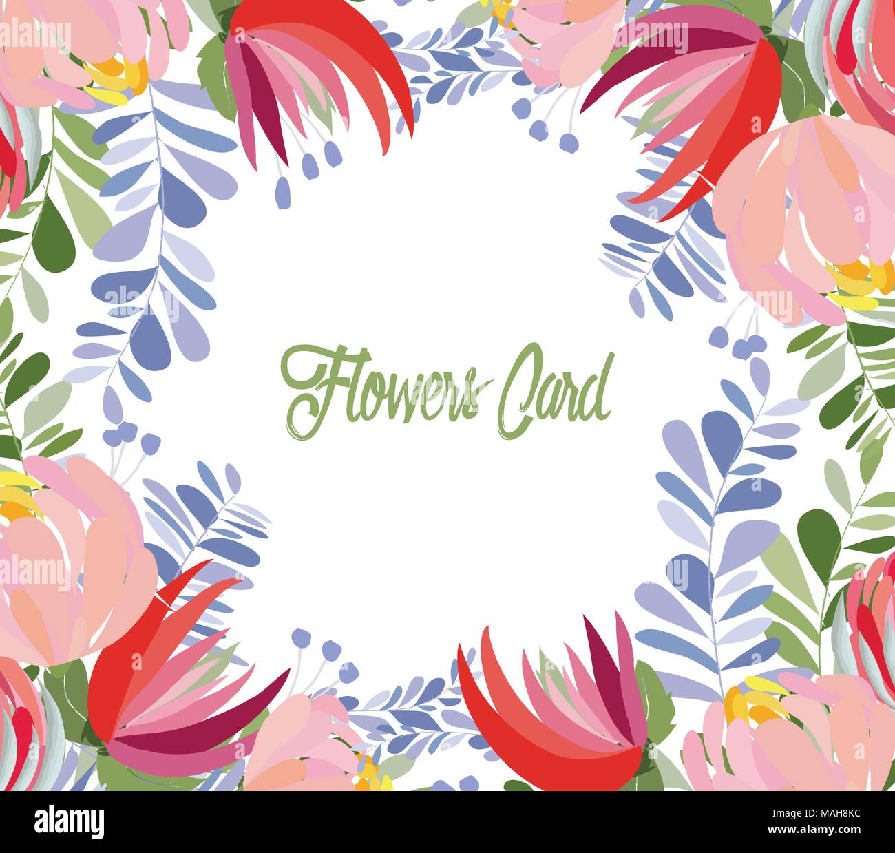 Floral wreath with spring flowers. Wedding invitation card with flower ...