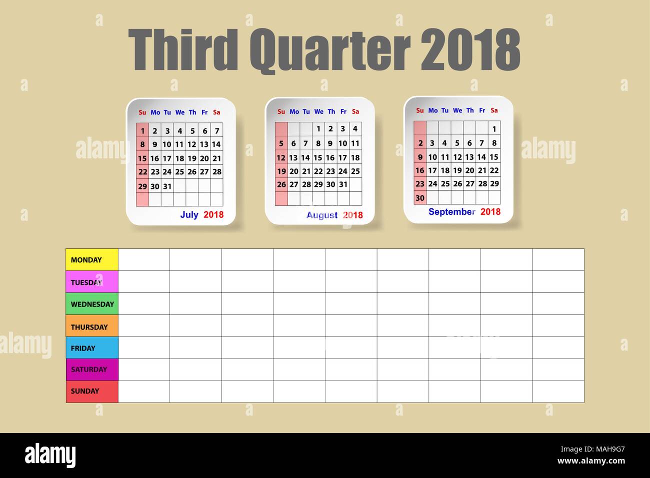 Calendar for the third quarter of 2018 year on the yellow background ...