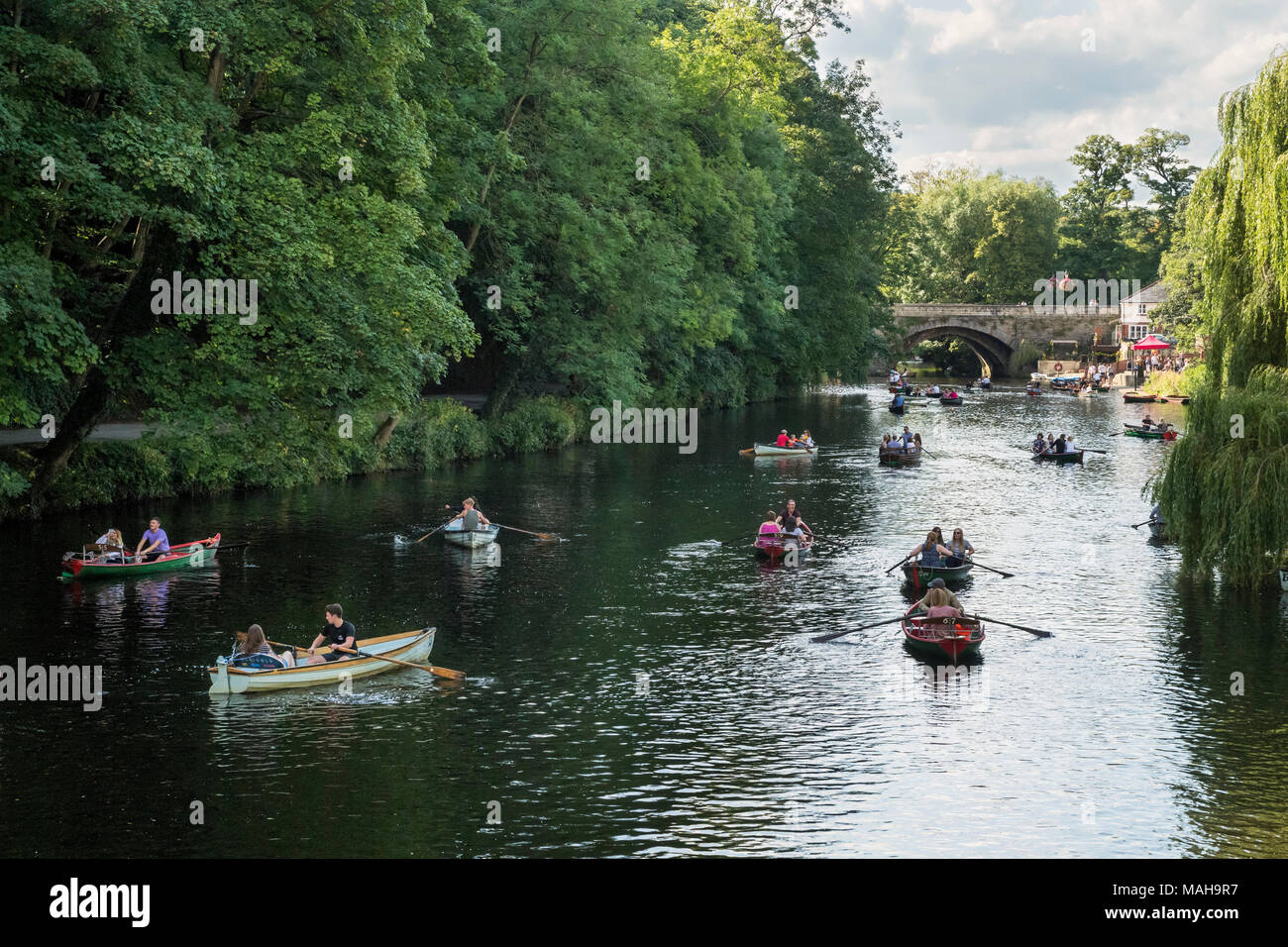 People on holiday, relaxing & boating in rowing boats on River Nidd ...