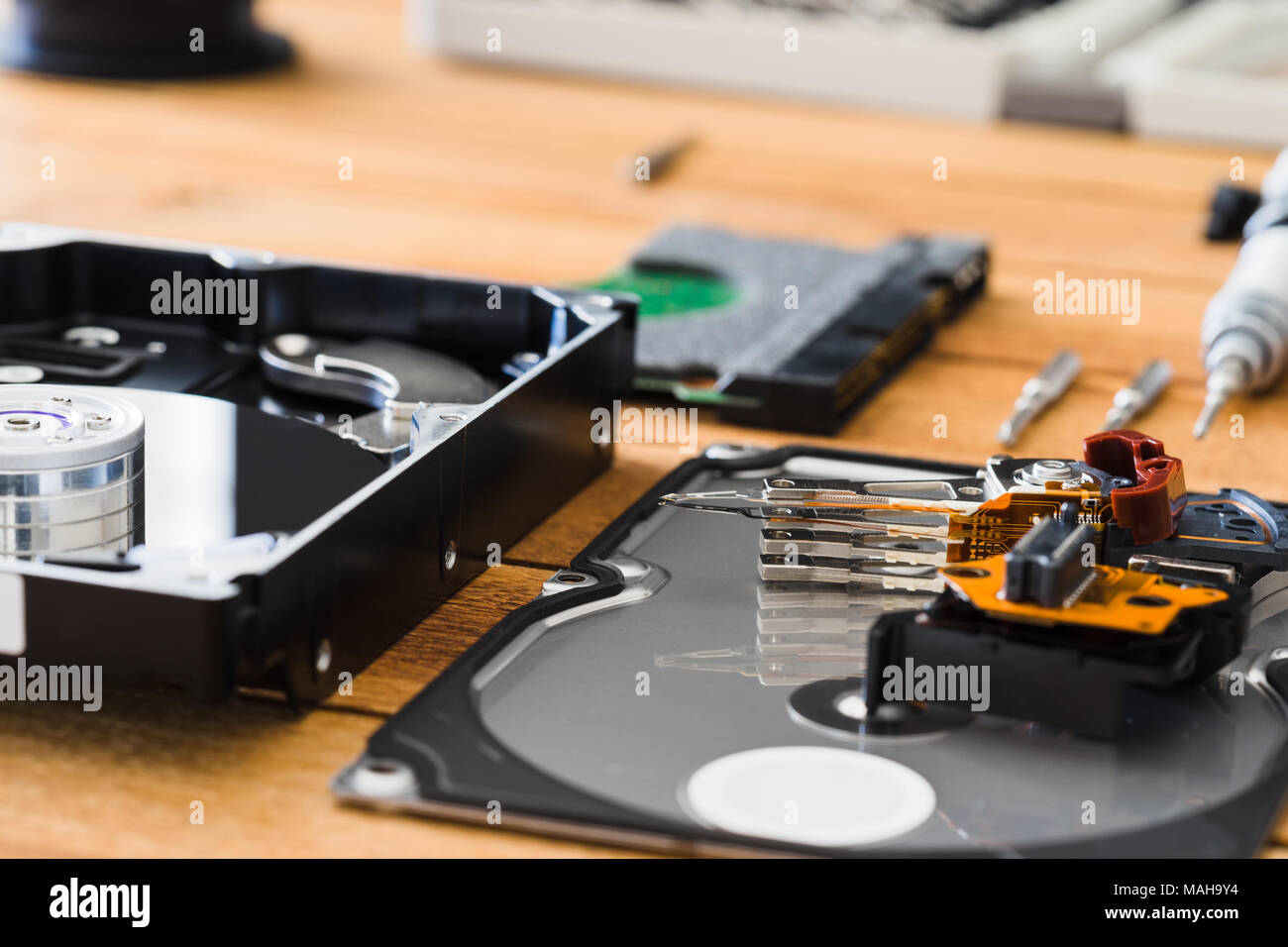 Hard disk drive inside close-up, spindle, actuator arm, read write head ...