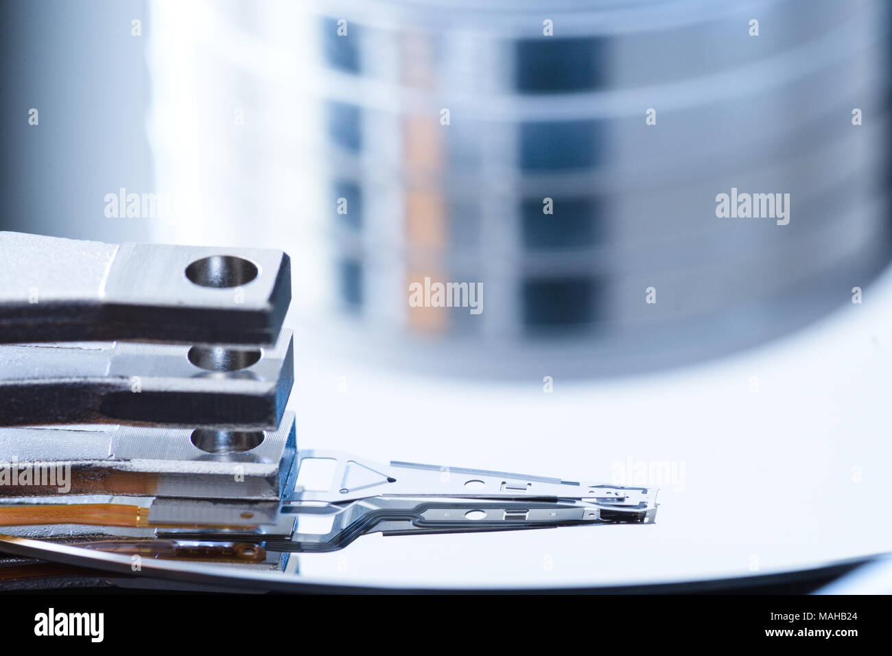 Hard disk drive inside close-up, spindle, actuator arm, read write head ...
