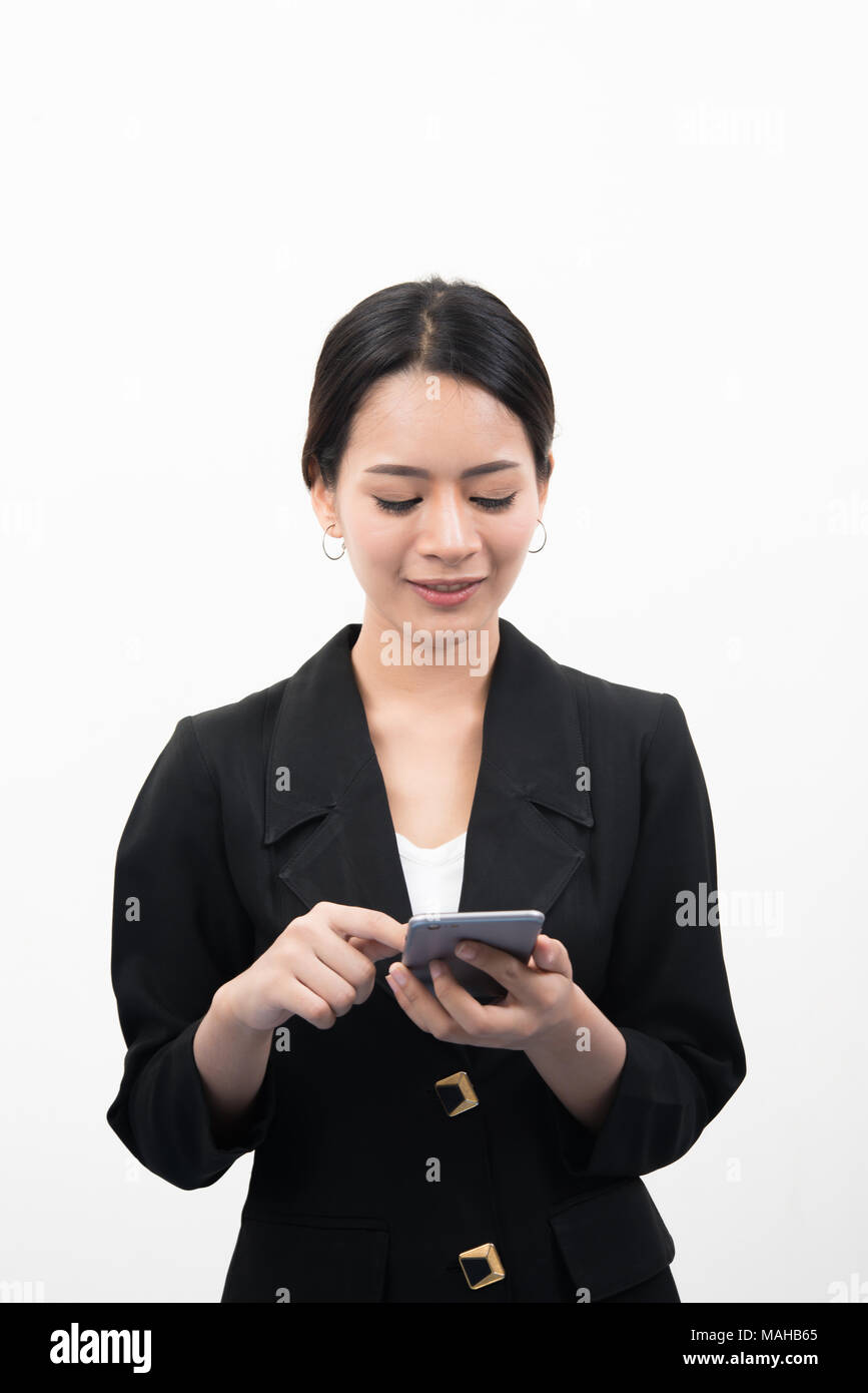 Portrait of Confident business woman talking on the mobile cell phone ...