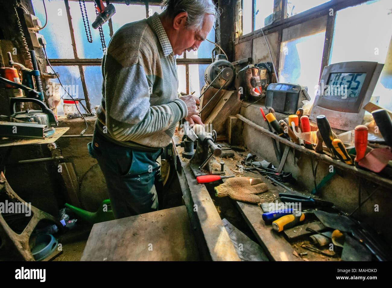 John Pepper, described as The Last Skittle Maker in England, at work in ...