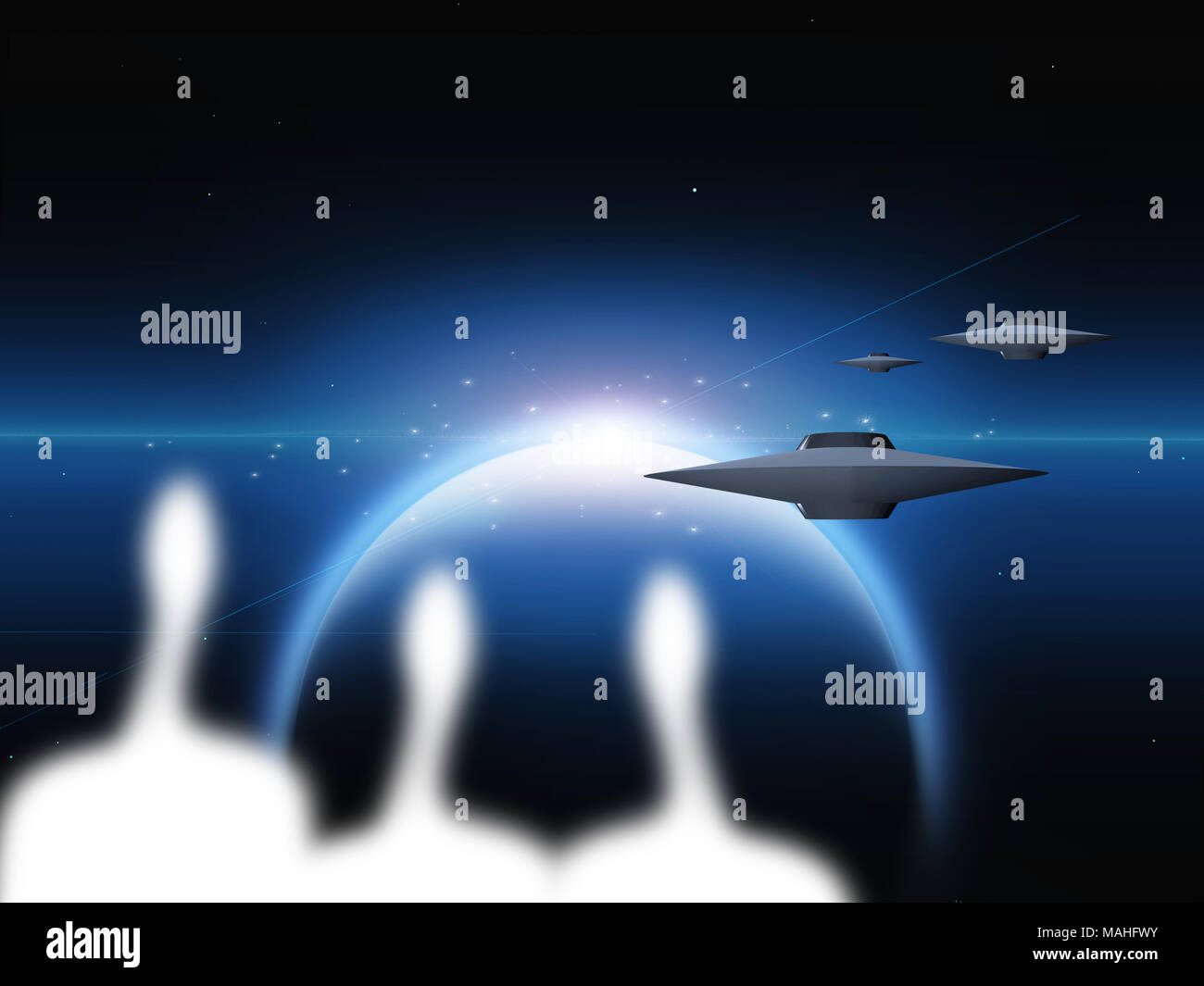 Aliens and alien planet with ships Stock Photo - Alamy