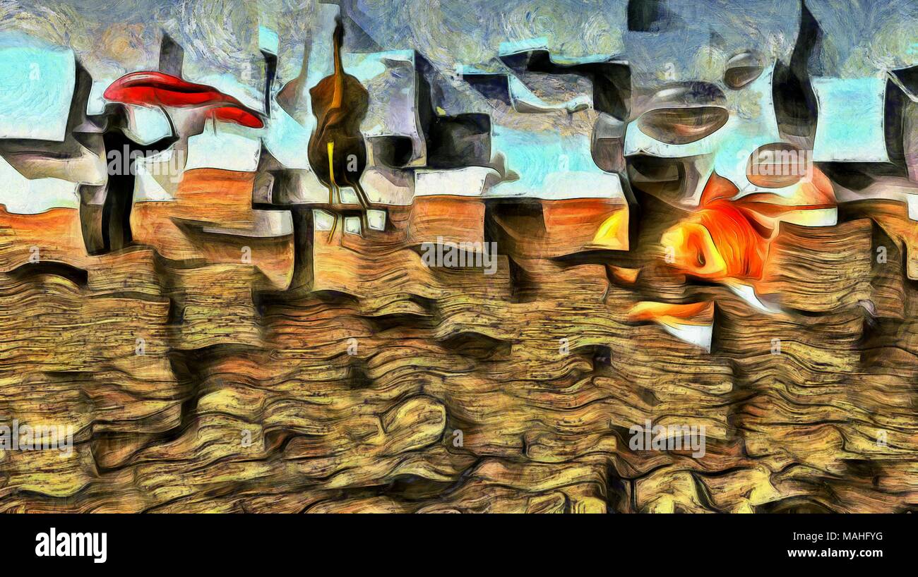 Man and oversized cello with floating fish in desert Stock Photo - Alamy