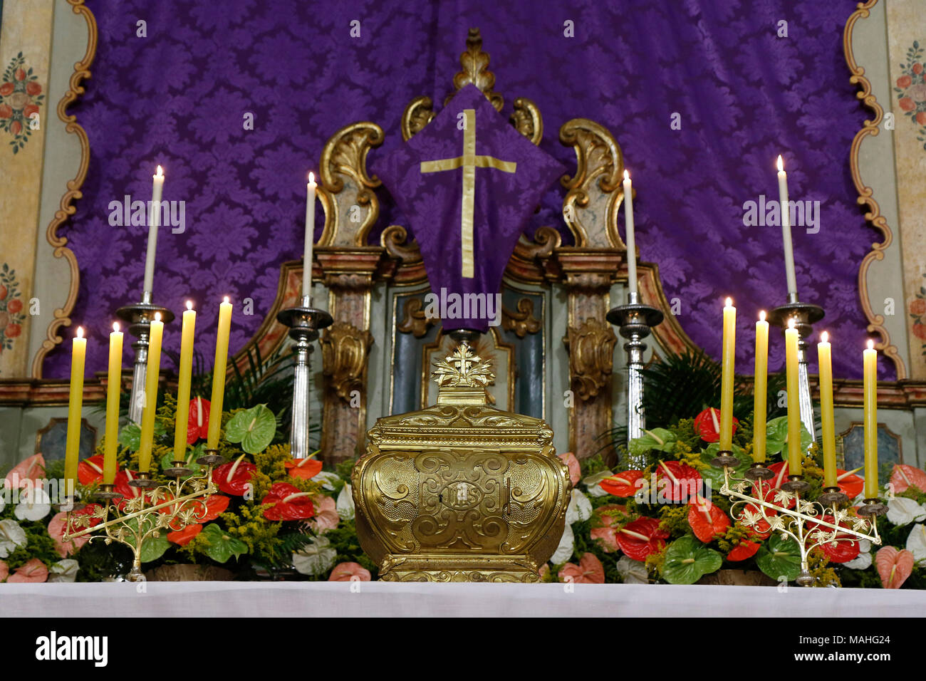 A symbol of Catholic devotion, exposed in church on the altar during ...