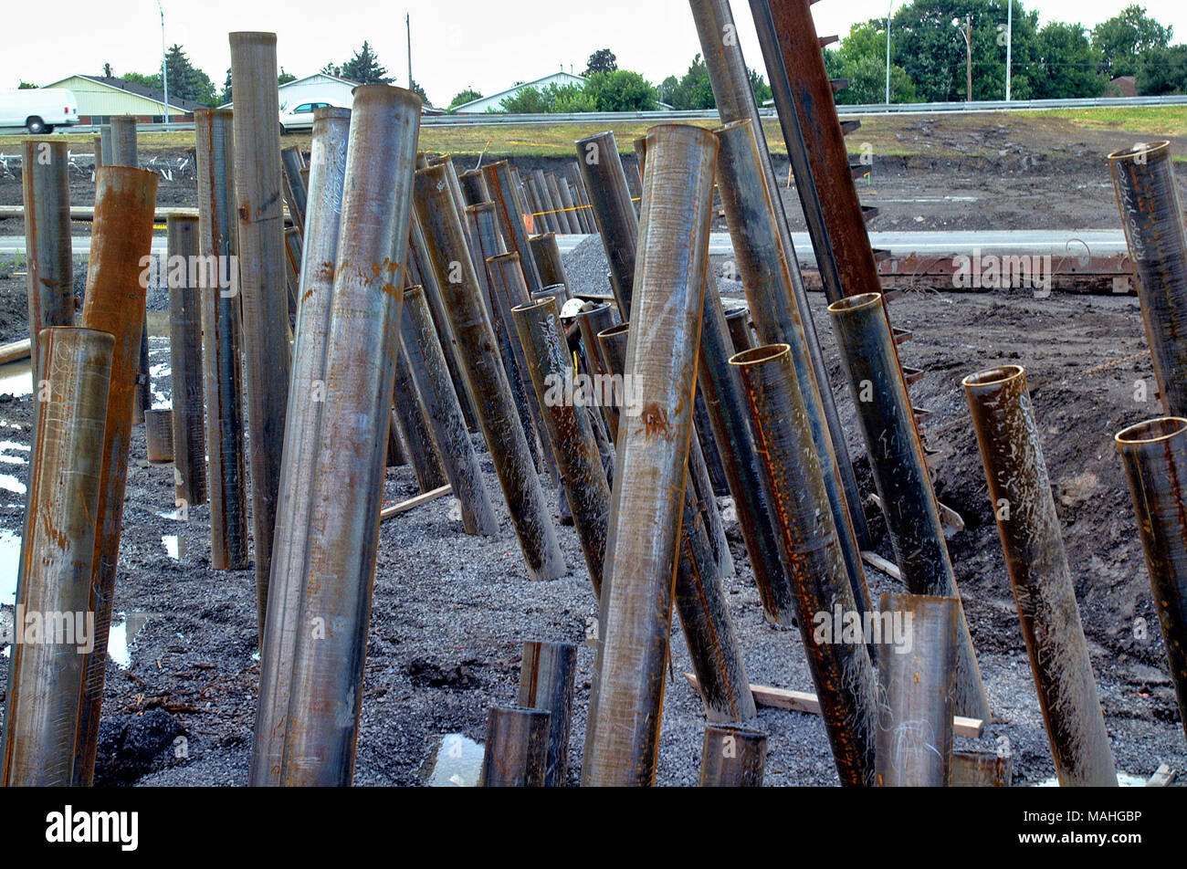 Metalwork for construction of road structure . Steel pipe stake Stock ...