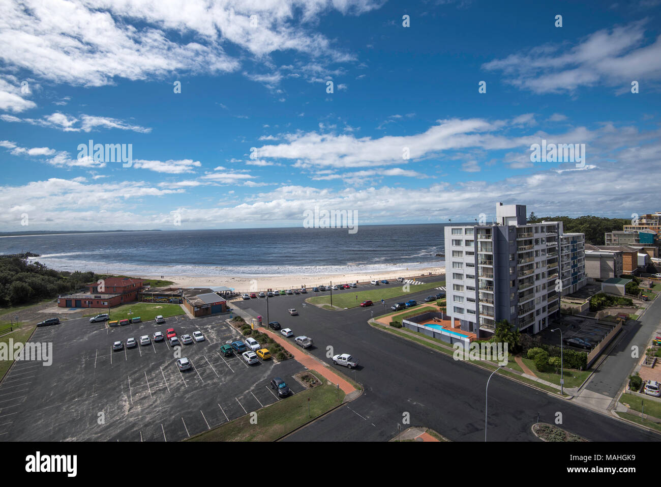 Forster Main Beach, Surf Club, and car park on the mid north coast of ...