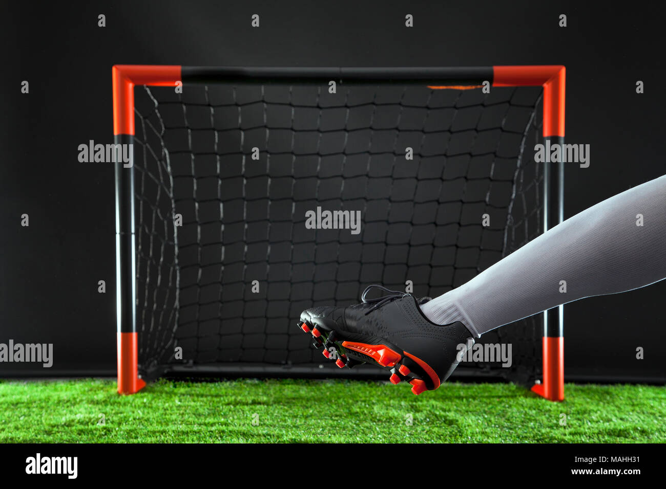 Soccer goal moment.Soccer World cup concept. Striker shooting on goal ...
