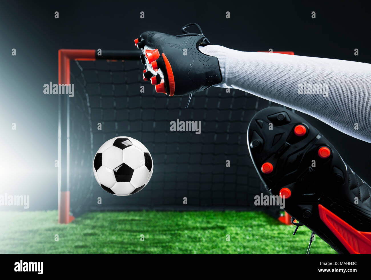 Soccer goal moment.Soccer World cup concept. Striker shooting on goal ...