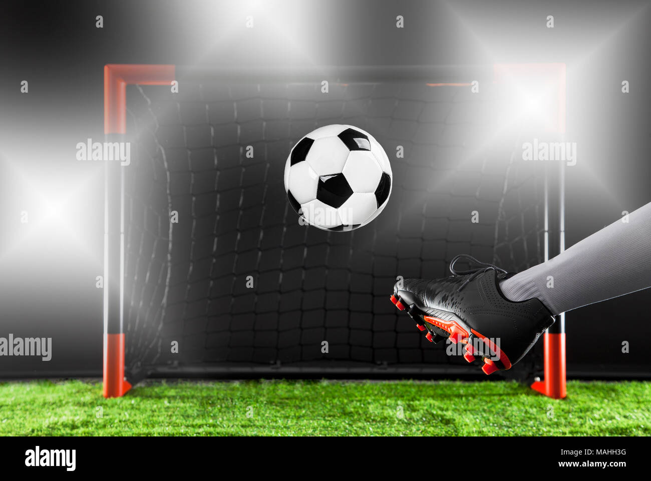 Soccer goal moment.Soccer World cup concept. Striker shooting on goal ...