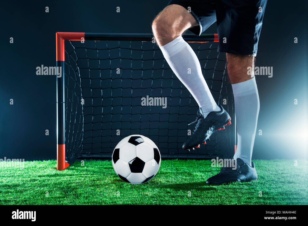 Soccer goal moment.Soccer World cup concept. Striker shooting on goal ...