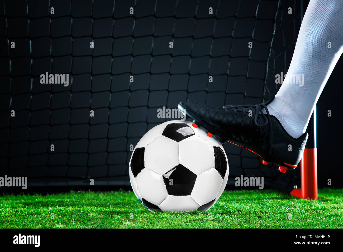 Soccer goal moment.Soccer World cup concept. Striker shooting on goal ...