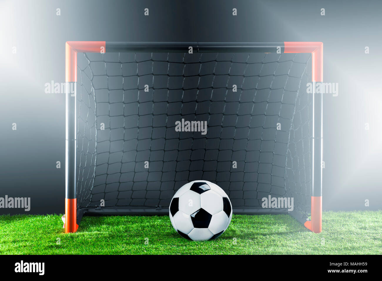 Soccer goal moment.Soccer World cup concept. Striker shooting on goal ...