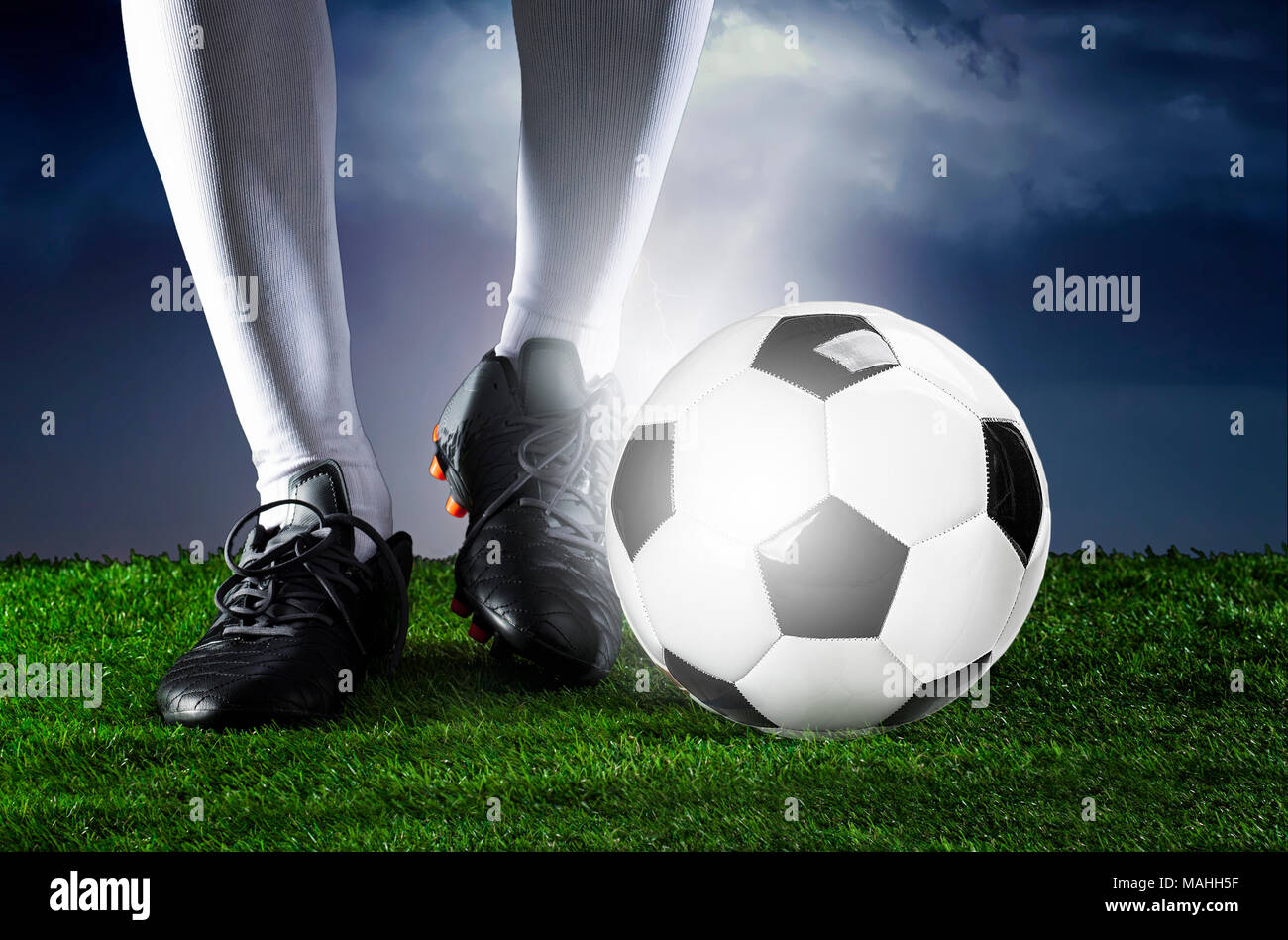 Soccer goal moment.Soccer World cup concept. Striker shooting on goal ...