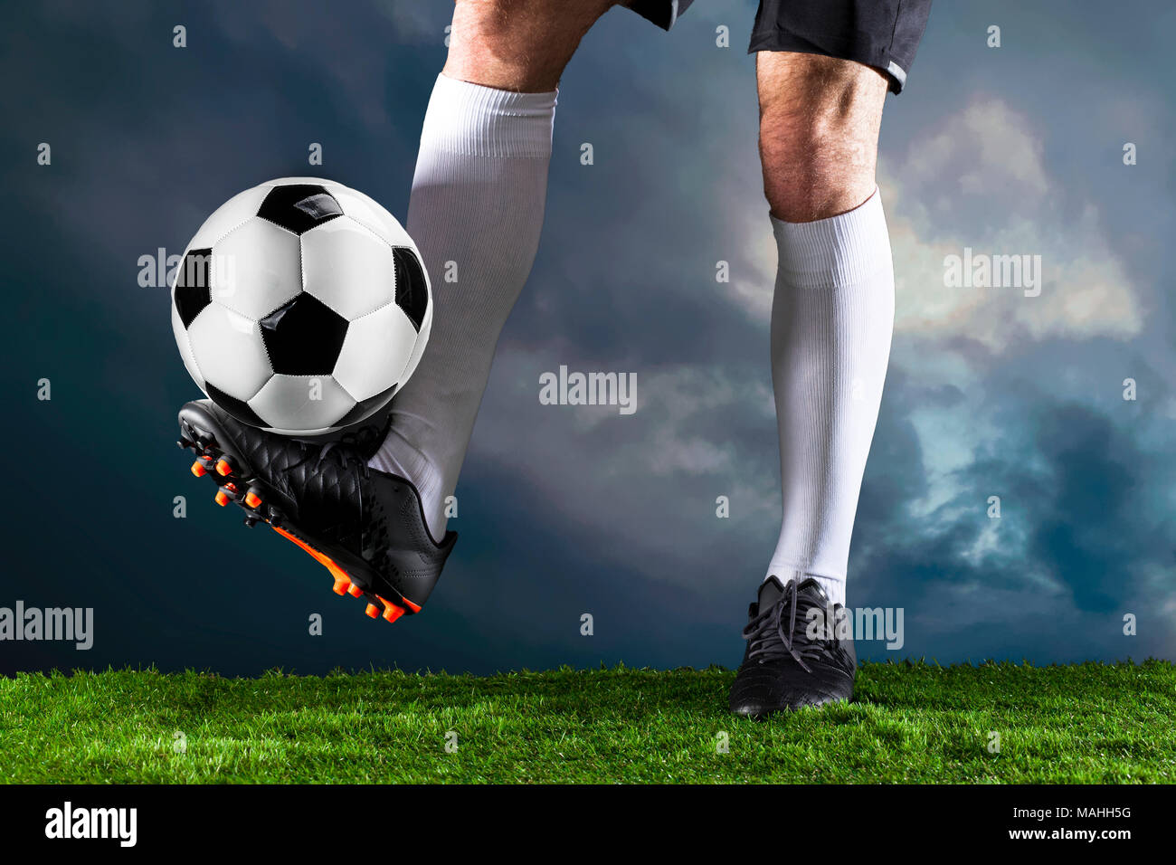 Soccer goal moment.Soccer World cup concept. Striker shooting on goal ...