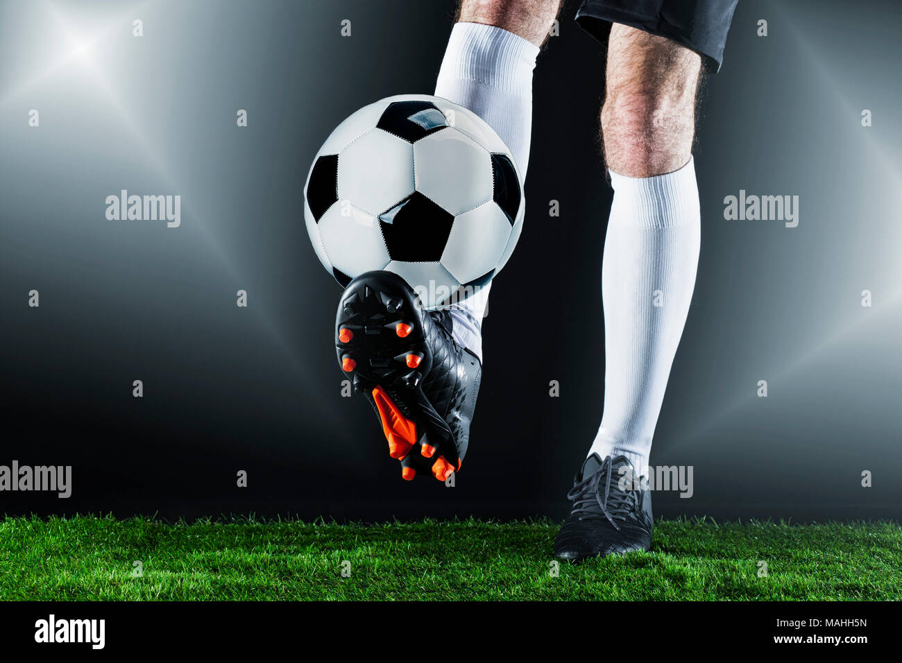 Soccer goal moment.Soccer World cup concept. Striker shooting on goal ...