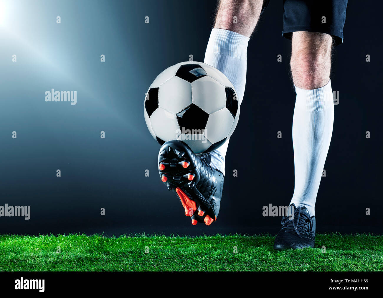 Soccer goal moment.Soccer World cup concept. Striker shooting on goal ...