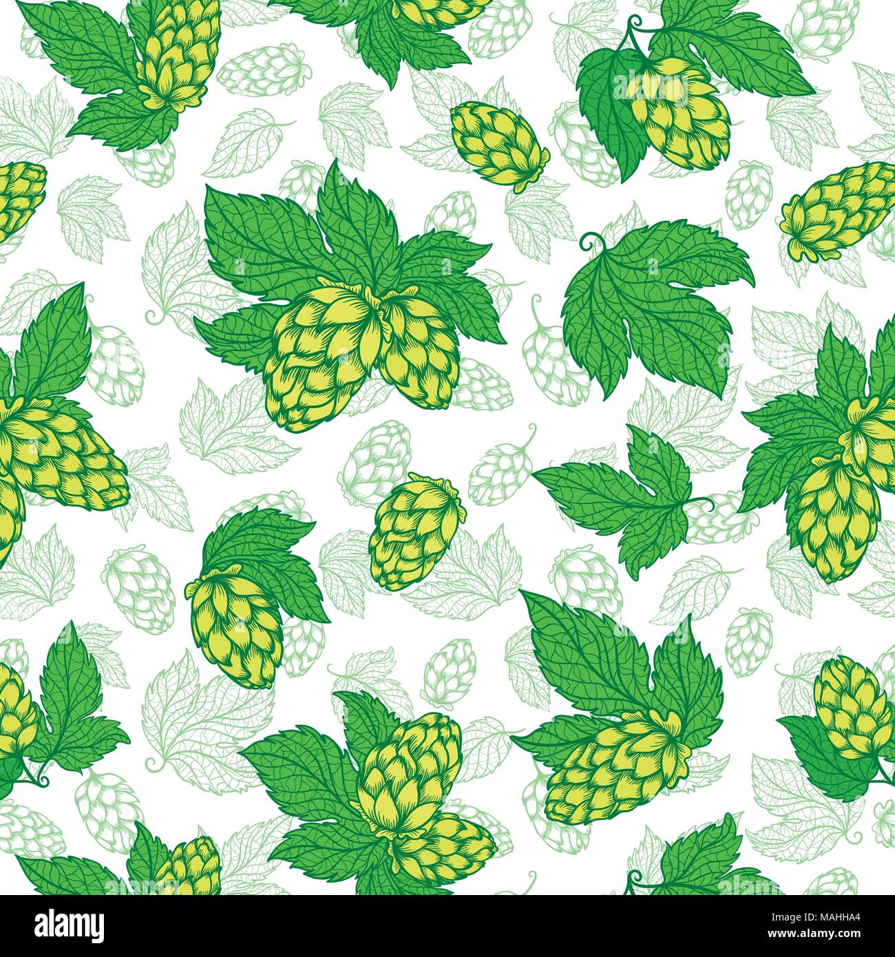 Seamless texture with detailed sketch beer icons and leaves on white ...