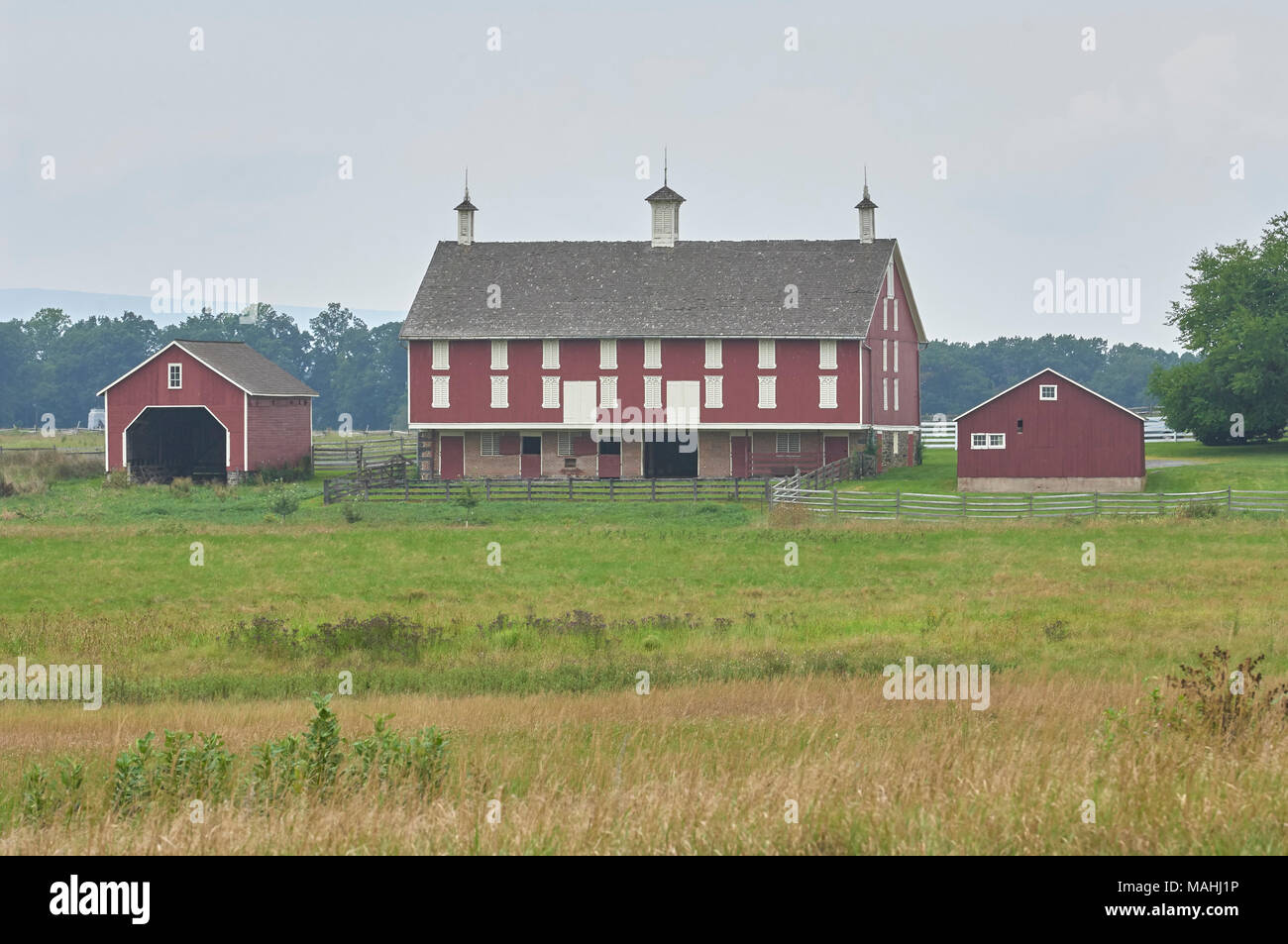 Gettysburg Battlefield from American Civil War. Large red barn with out ...