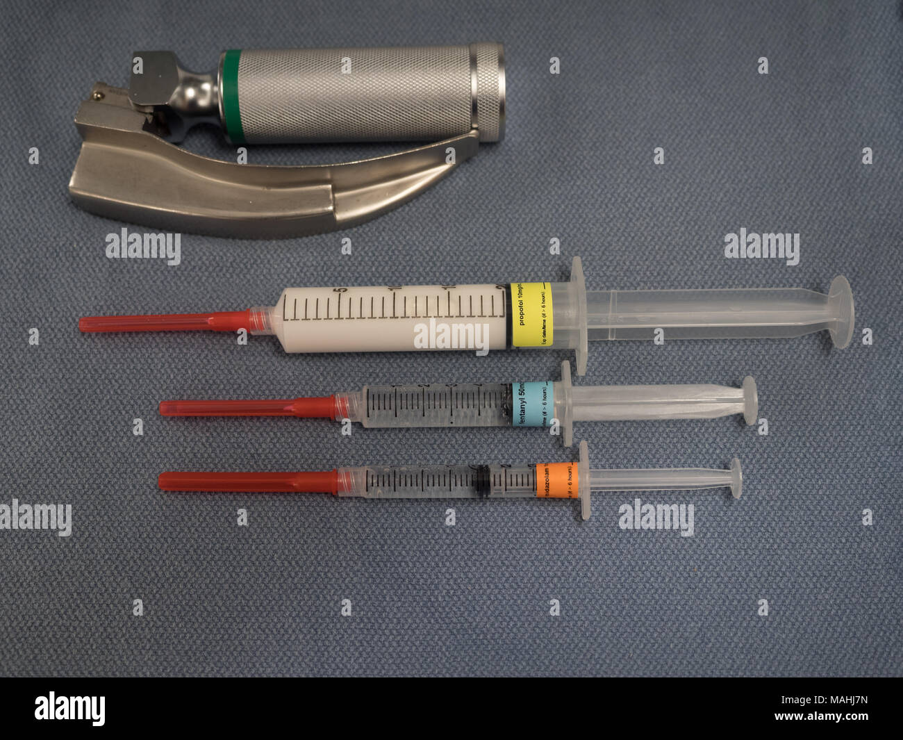 Three syringes with sedatives for anesthesia, propofol, fentanyl and ...