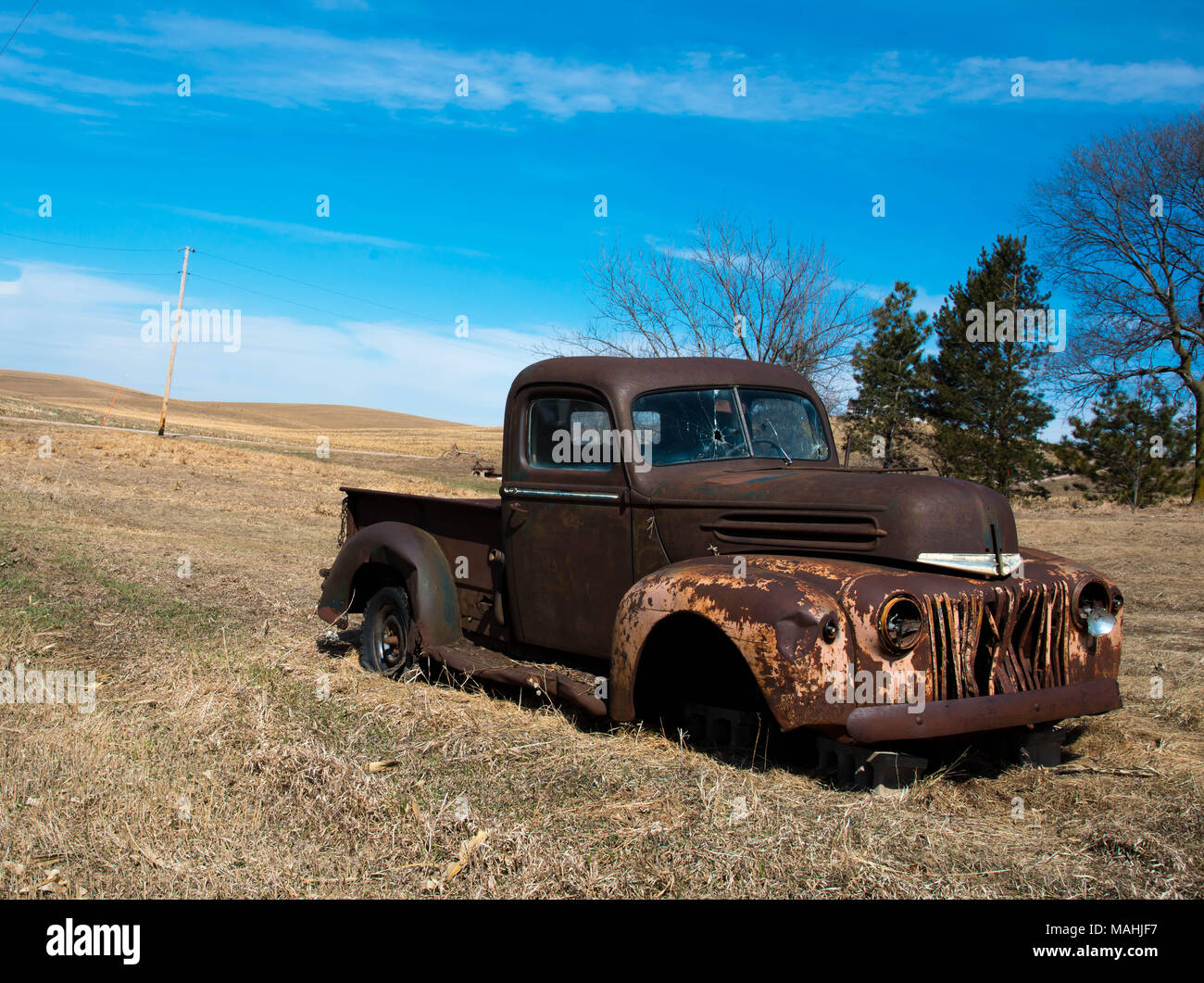 Rusty old truck with bullet holes in the windshield abandoned in field ...