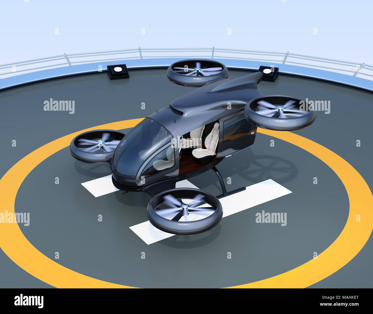 Front view of white self-driving passenger drone takeoff and landing on ...