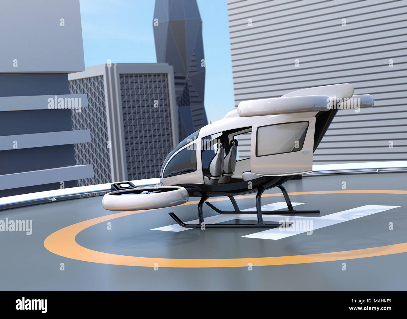 White self-driving passenger drone parking on the helipad. 3D rendering ...