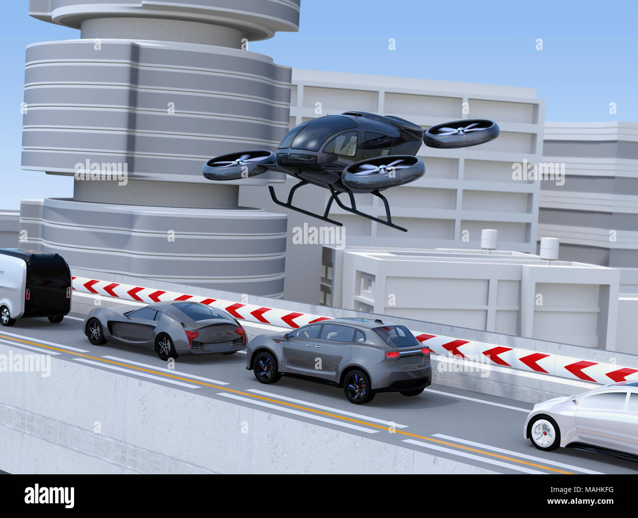 Passenger drone flying over cars in heavy traffic jam. Concept for ...