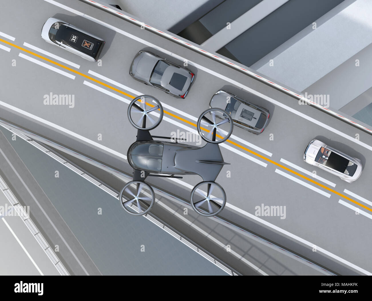 Top view of black passenger drone flying over cars in heavy traffic jam ...
