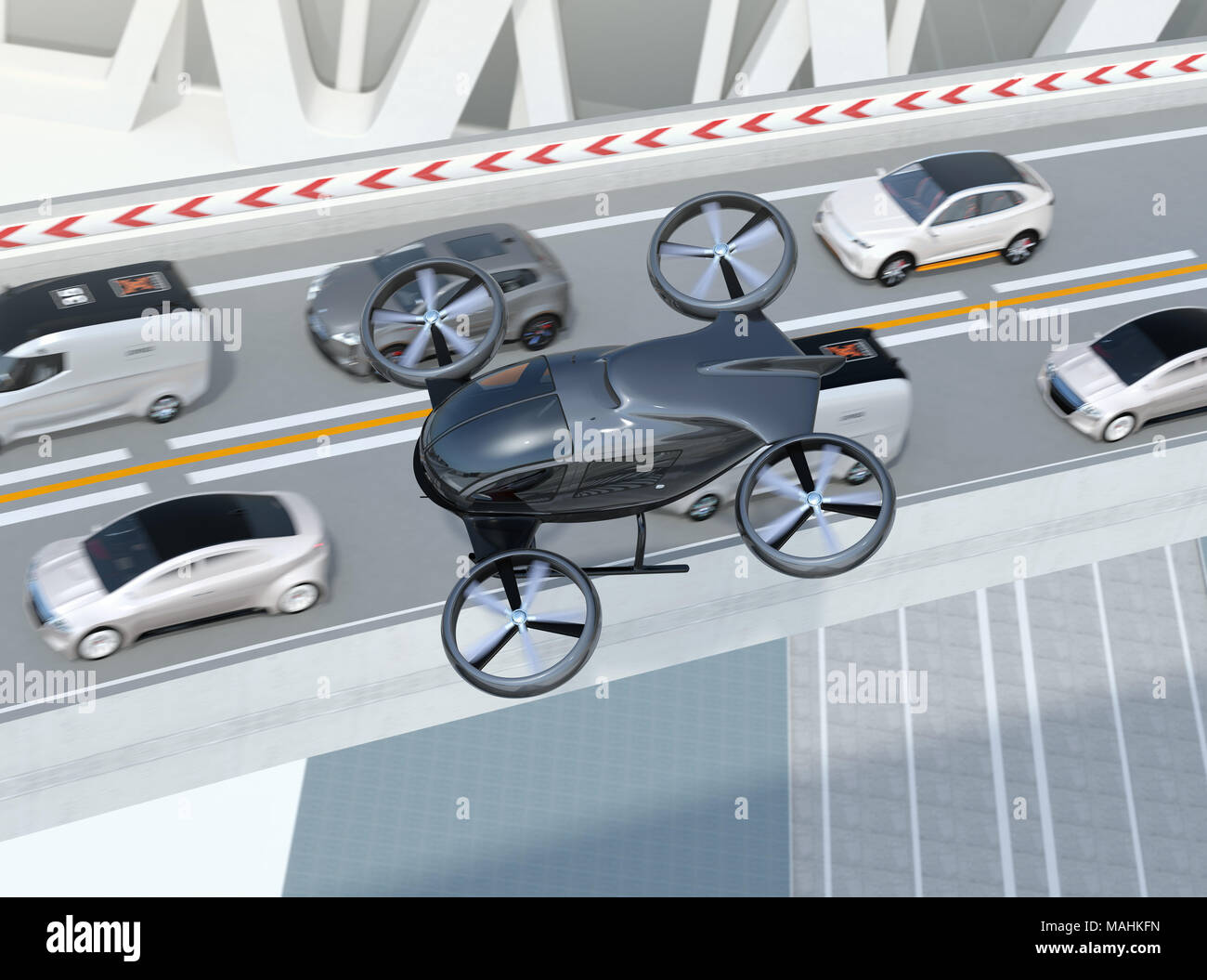 Passenger drone flying over cars in heavy traffic jam. Concept for ...