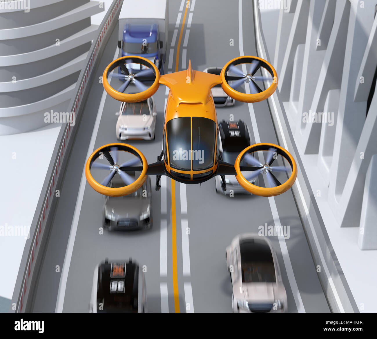 Passenger drone flying over cars in heavy traffic jam. Concept for drone taxi. 3D rendering ...