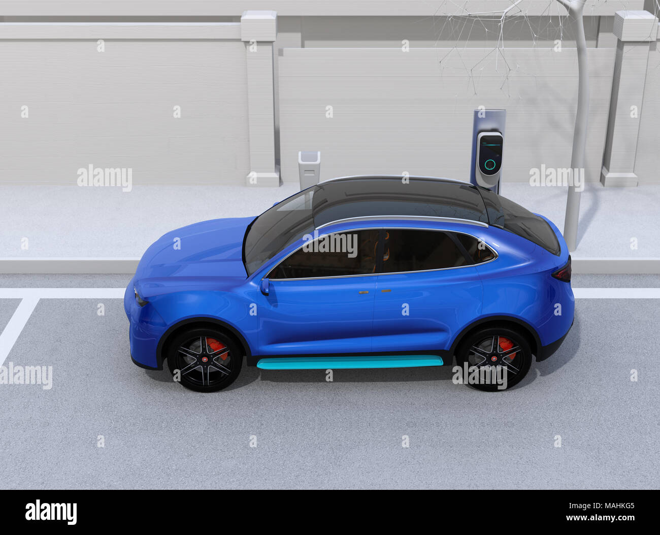 Side view of blue electric SUV charging at parking lot with charging ...