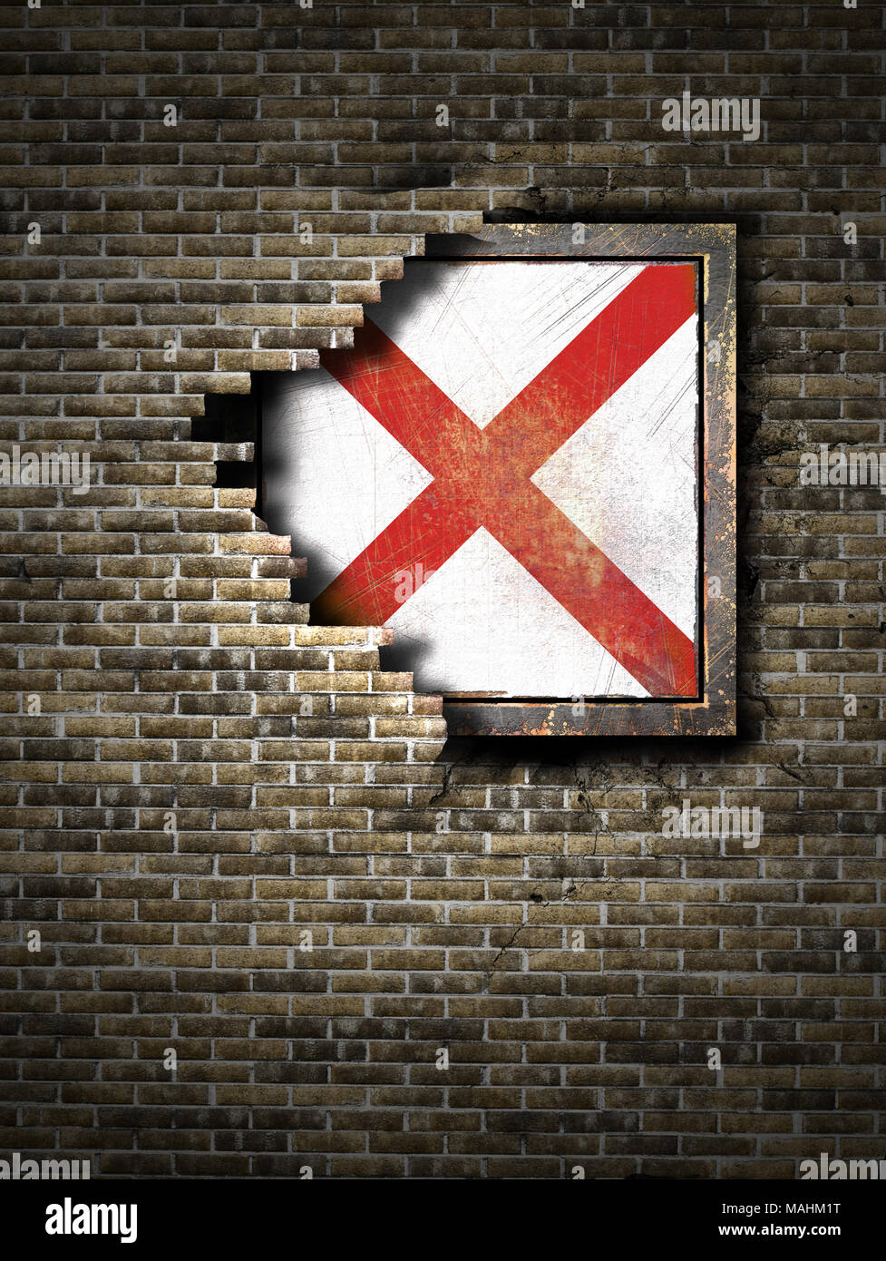 3d rendering of an Alabama State flag over a rusty metallic plate ...