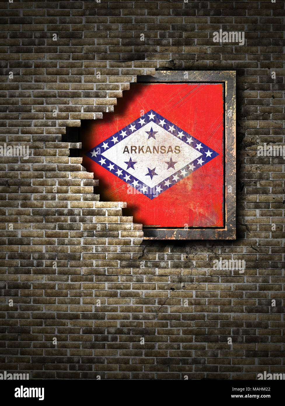 3d rendering of an Arkansas State flag over a rusty metallic plate ...