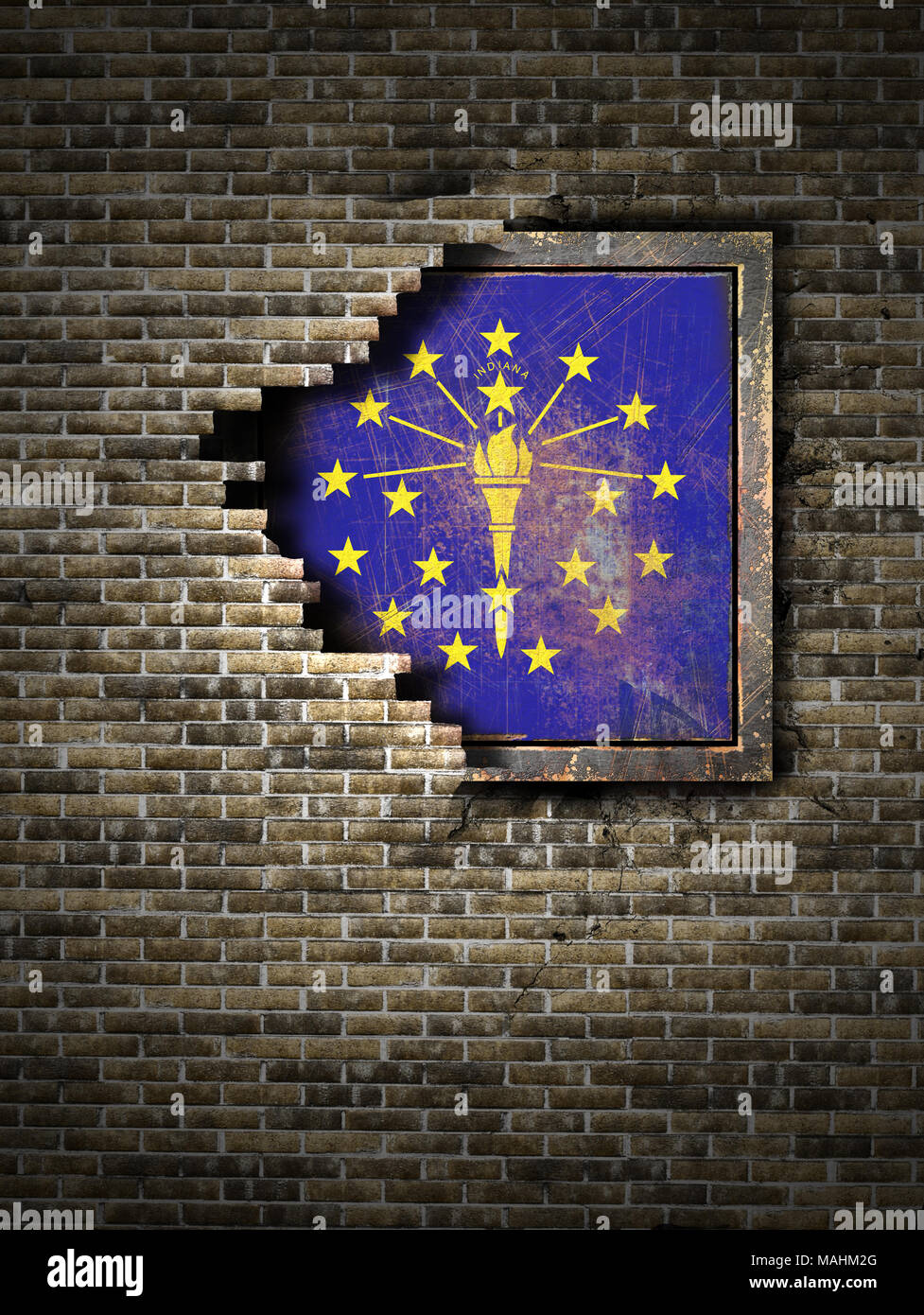 3d rendering of an Indiana State flag over a rusty metallic plate ...