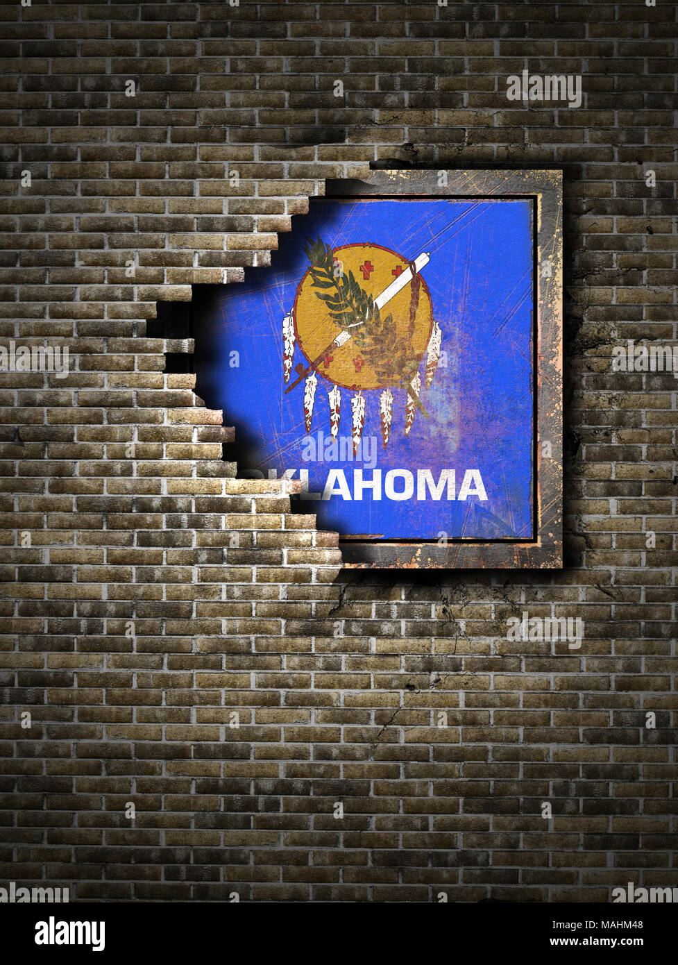 3d rendering of an Oklahoma State flag over a rusty metallic plate ...