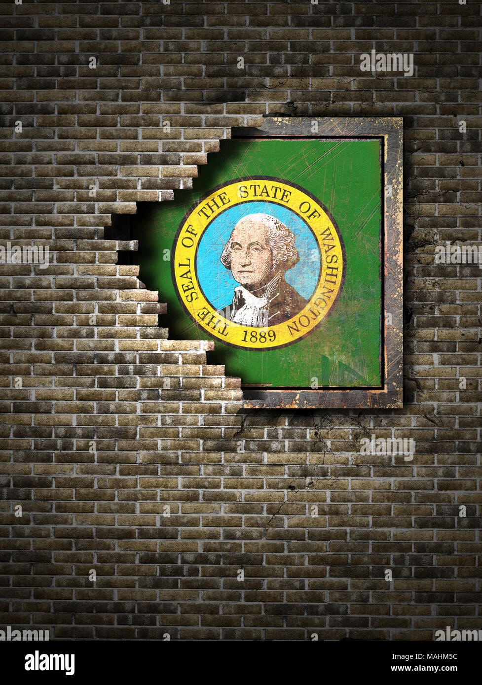 3d rendering of a Washington State flag over a rusty metallic plate ...