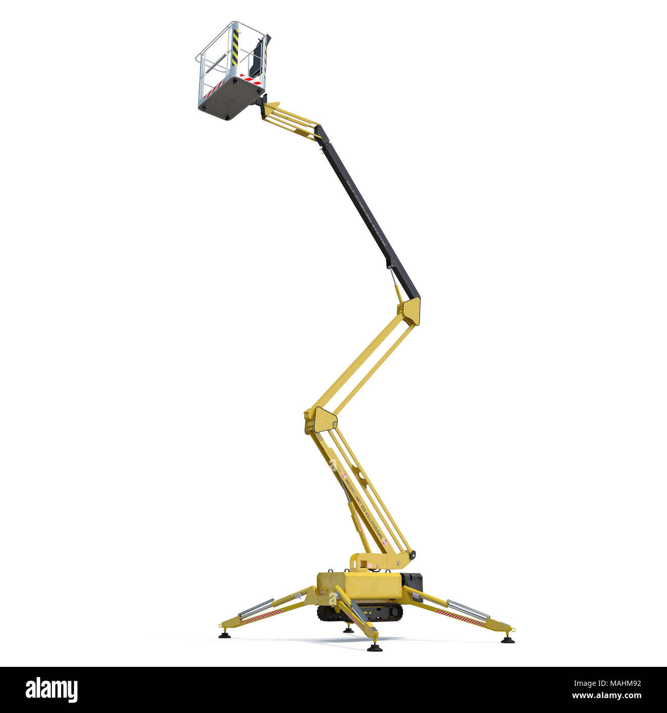 large yellow extended scissor lift platform on white. 3D illustration ...