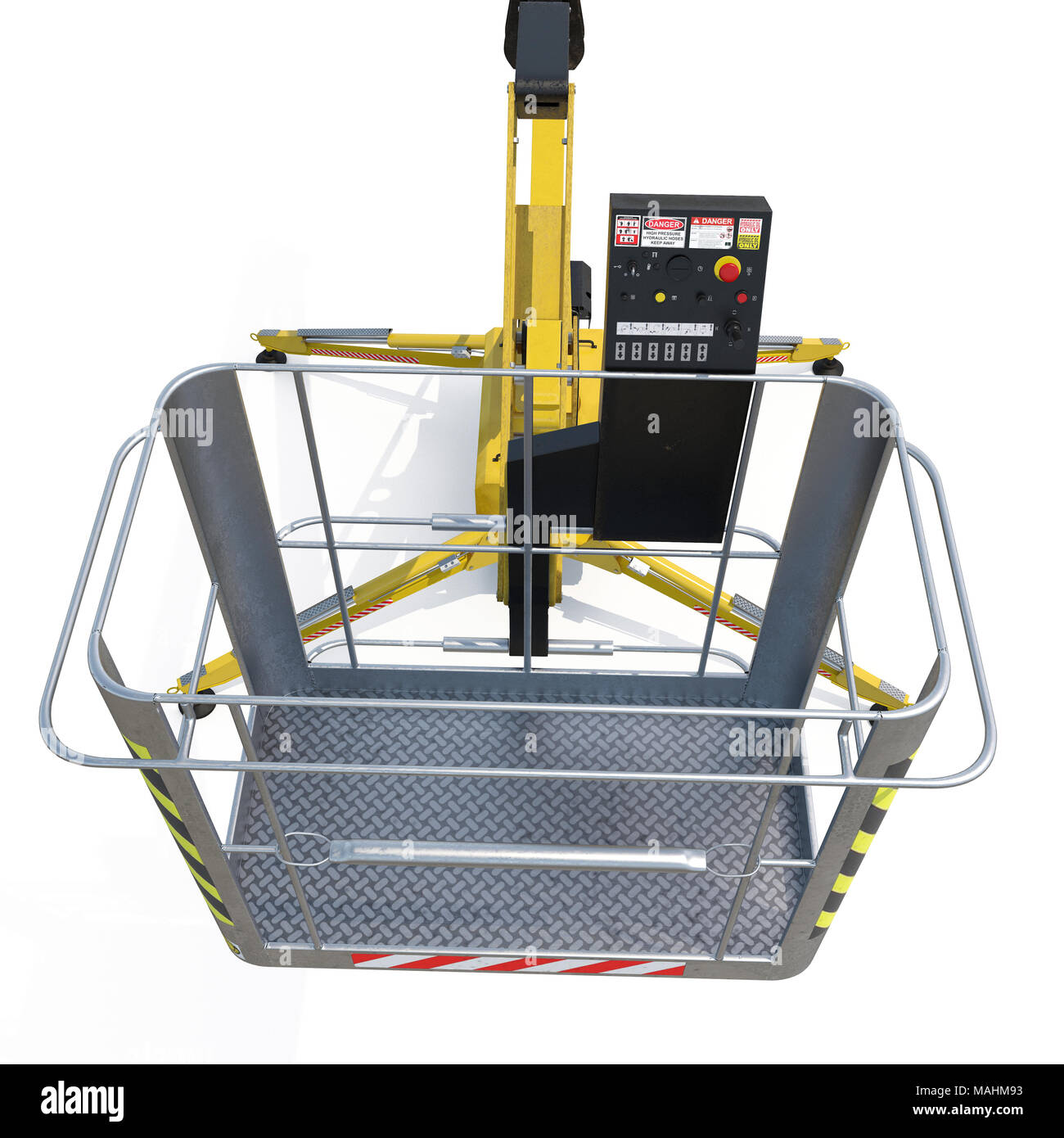 large yellow extended scissor lift platform on white. 3D illustration ...