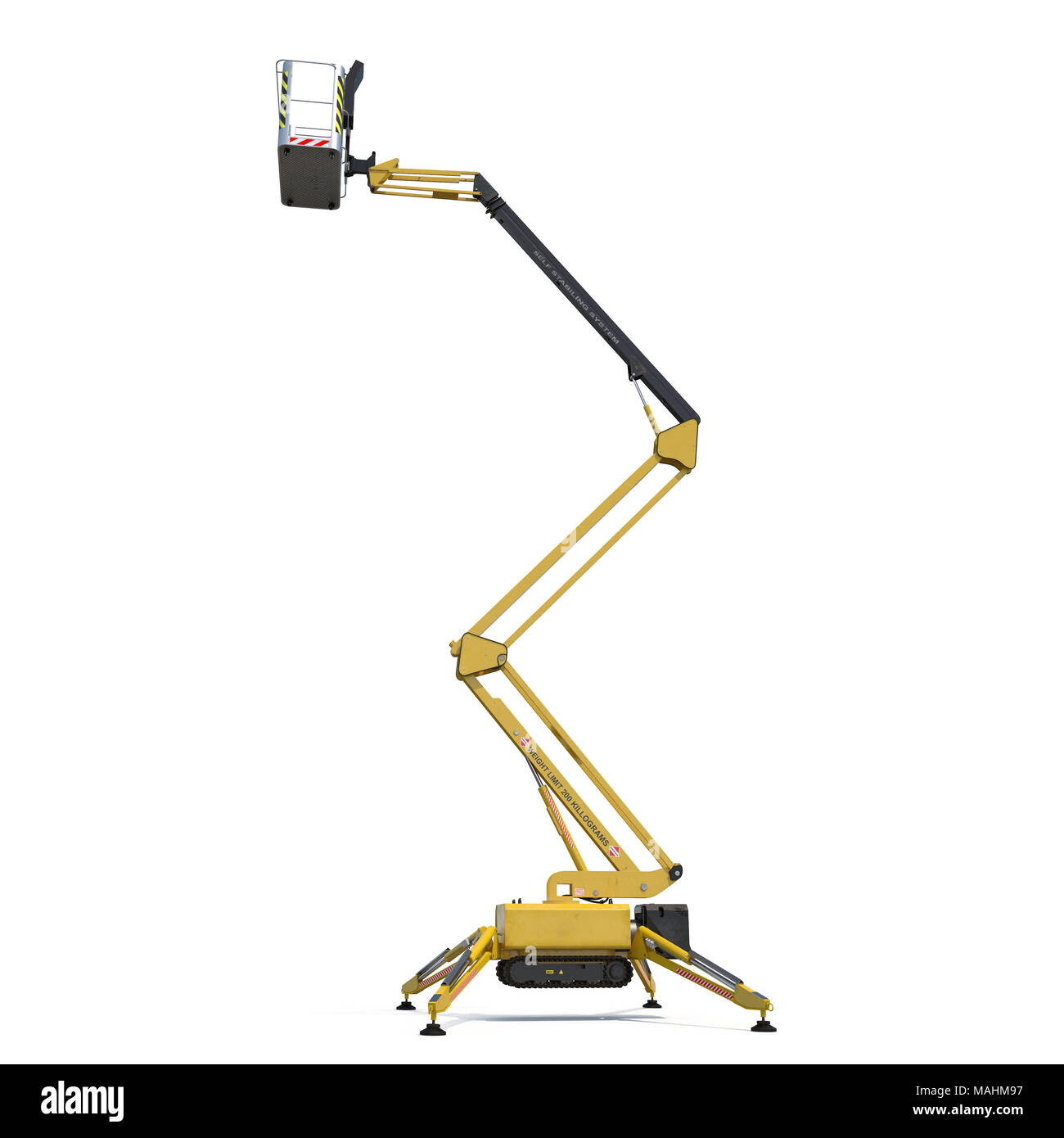 large yellow extended scissor lift platform on white. 3D illustration ...