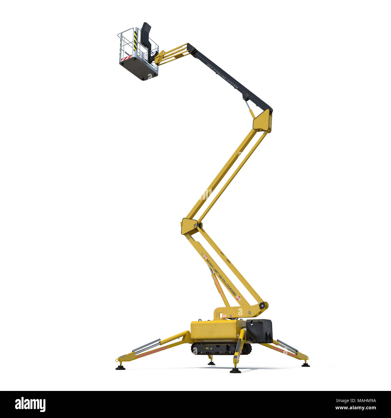 large yellow extended scissor lift platform on white. 3D illustration ...