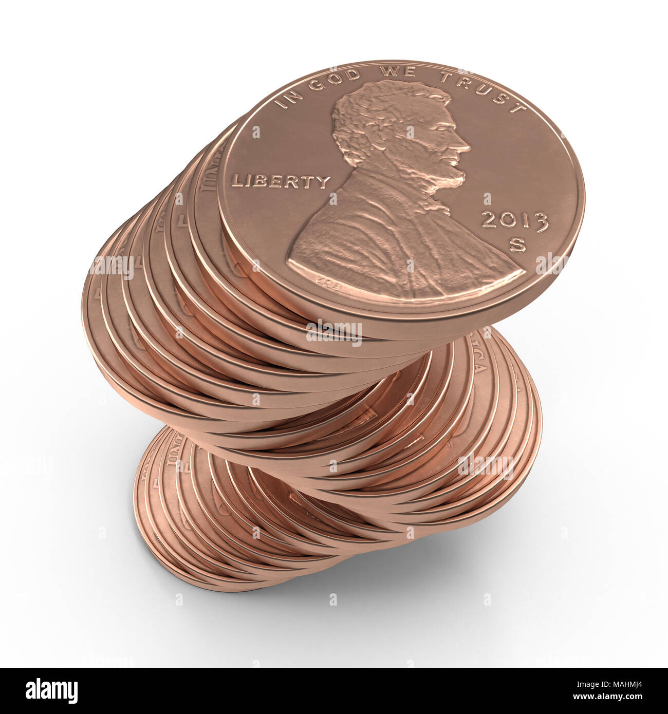 Dollar coins 1 cent currency of the United States isolated over white ...
